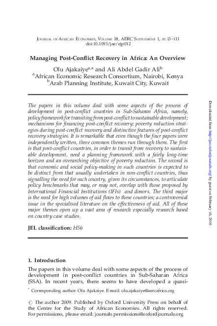 (PDF) Managing Post-Conflict Recovery in Africa: An Overview