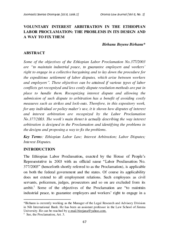 (PDF) VOLUNTARY INTEREST ARBITRATION IN THE ETHIOPIAN LABOR ...