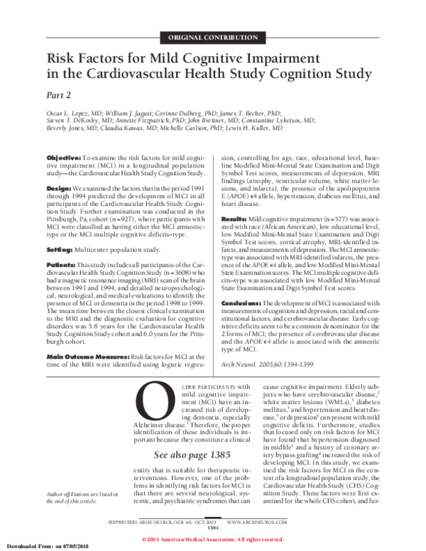 (PDF) Risk Factors for Mild Cognitive Impairment in the Cardiovascular ...