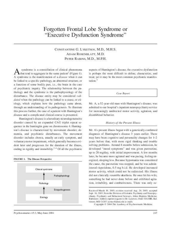 (PDF) Forgotten Frontal Lobe Syndrome or “Executive Dysfunction Syndrome”