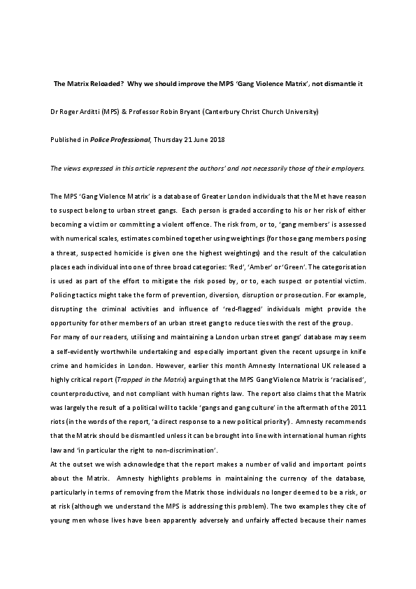 (PDF) The Matrix Reloaded? Why we should improve the MPS ‘Gang Violence ...
