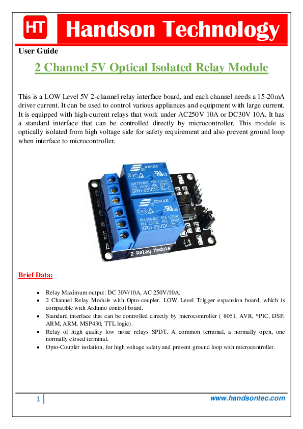 (PDF) Handson Technology User Guide 2 Channel 5V Optical Isolated Relay ...