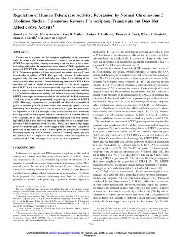 (PDF) Regulation of human telomerase activity: repression by normal chromosome 3 abolishes ...