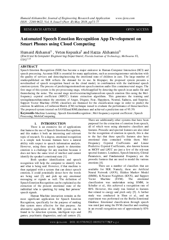 Pdf Automated Speech Emotion Recognition App Development On Smart Phones Using Cloud Computing