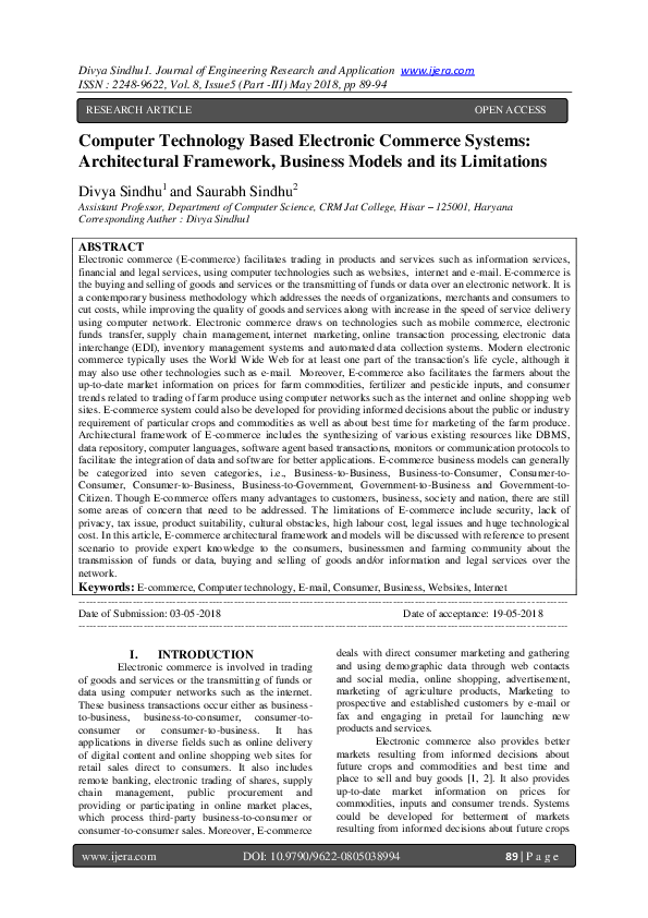 Pdf Computer Technology Based Electronic Commerce Systems Architectural Framework Business