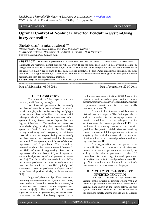 Pdf Optimal Control Of Nonlinear Inverted Pendulum Systemusing Fuzzy Controller