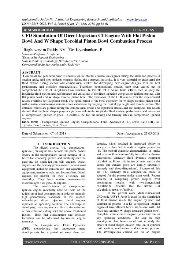 (PDF) CFD Simulation Of Direct Injection CI Engine With Flat Piston ...