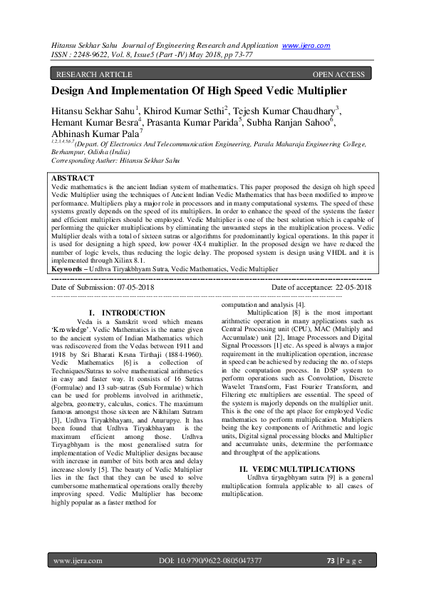 Pdf Design And Implementation Of High Speed Vedic Multiplier