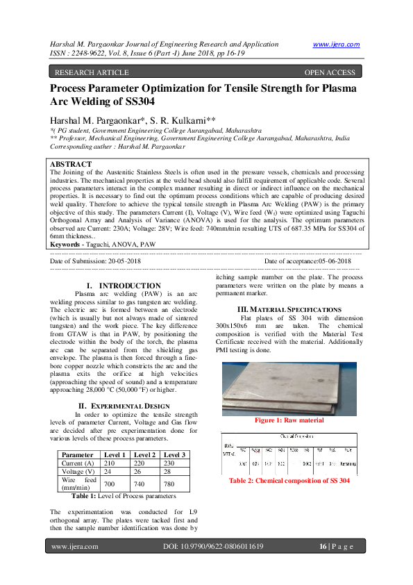(PDF) Process Parameter Optimization for Tensile Strength for Plasma Arc Welding of SS304