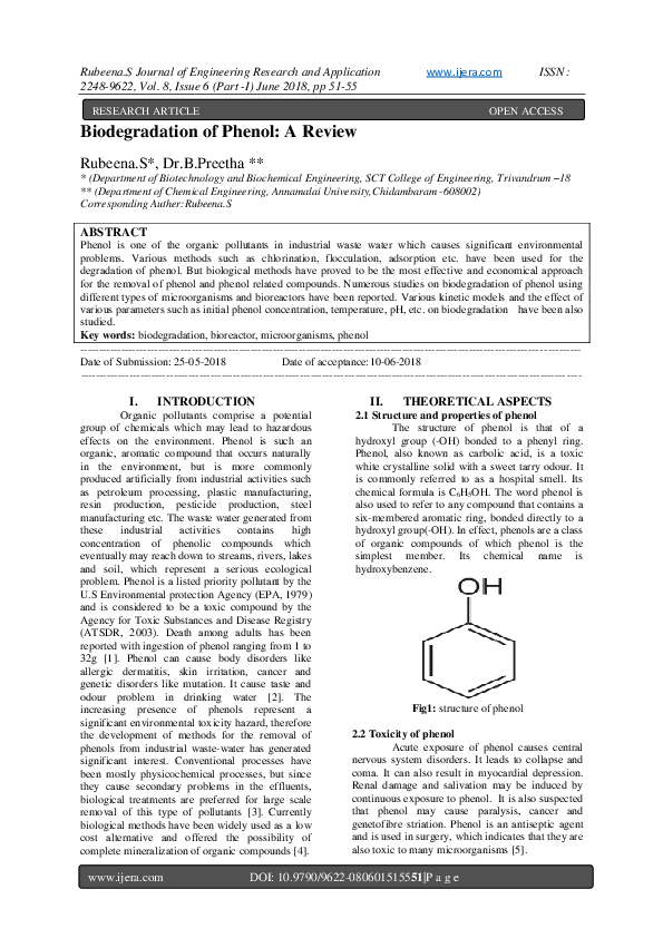 (PDF) Biodegradation of Phenol: A Review