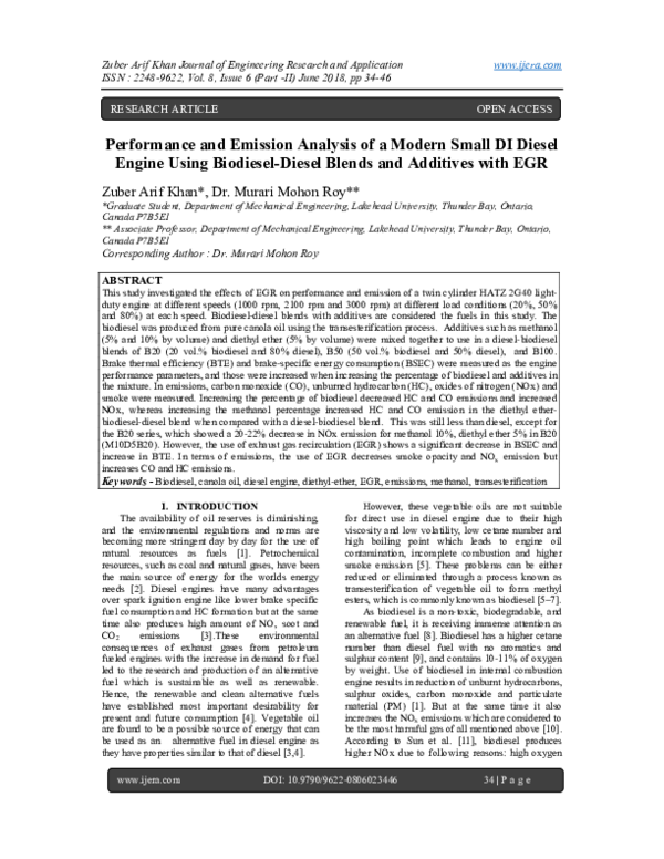Pdf Performance And Emission Analysis Of A Modern Small Di Diesel Engine Using Biodiesel