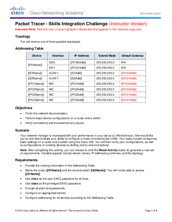 (PDF) Packet Tracer -Skills Integration Challenge (Instructor Version