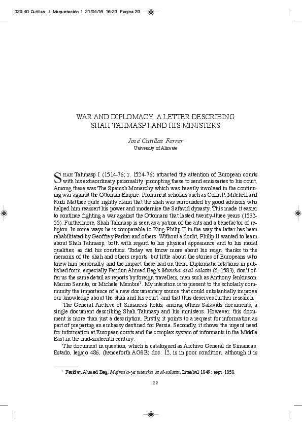 (PDF) War and Diplomacy: A Letter Describing Shah Tahmasp I and his ...