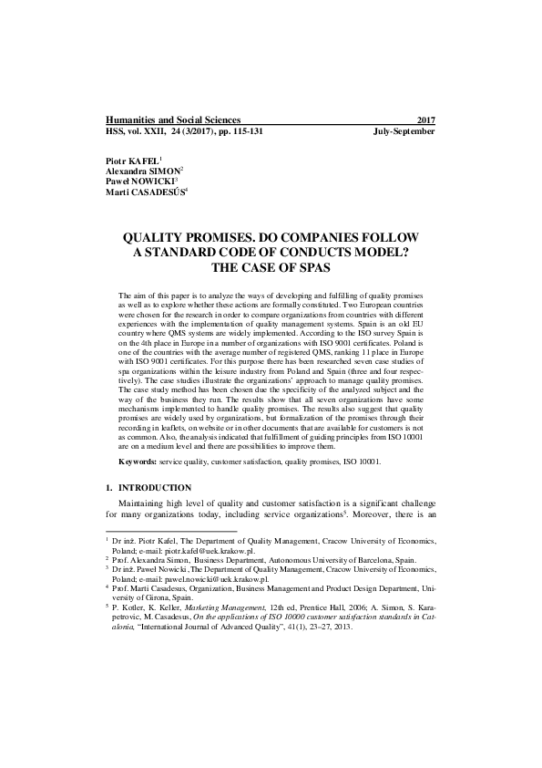 (PDF) QUALITY PROMISES. DO COMPANIES FOLLOW A STANDARD CODE OF CONDUCTS ...