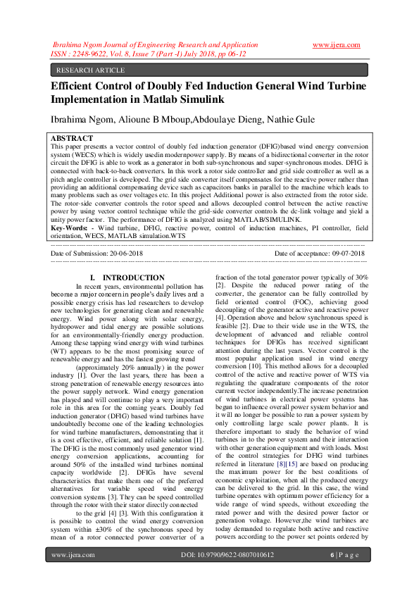 Pdf Efficient Control Of Doubly Fed Induction General Wind Turbine Implementation In Matlab