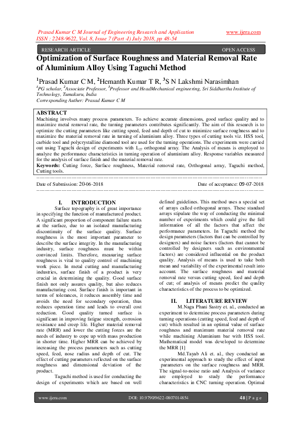 (PDF) Optimization of Surface Roughness and Material Removal Rate of Aluminium Alloy Using ...