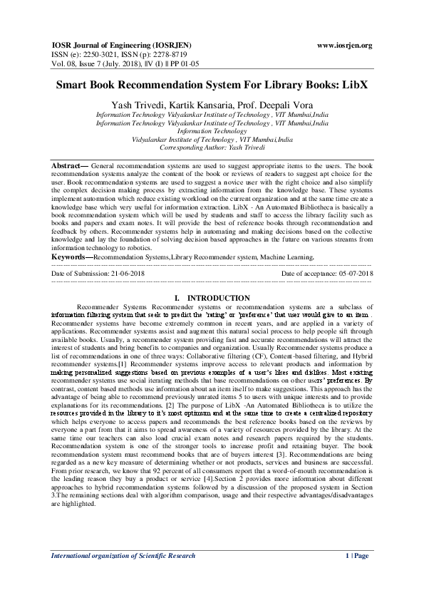 (PDF) Smart Book Recommendation System For Library Books: LibX
