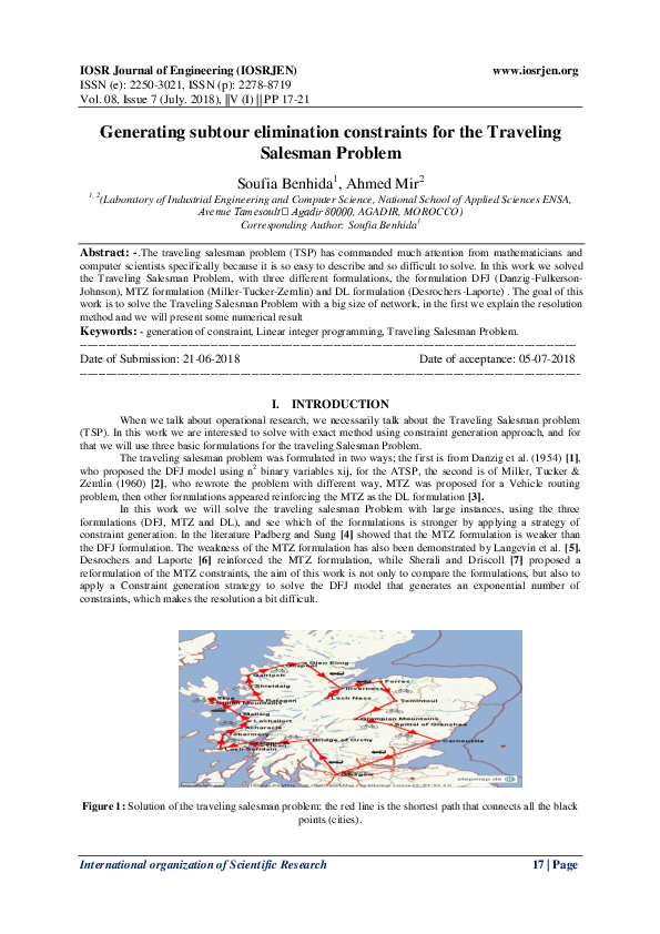 (PDF) Generating subtour elimination constraints for the Traveling Salesman Problem