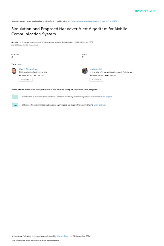 Pdf Simulation And Proposed Handover Alert Algorithm For Mobile Communication System