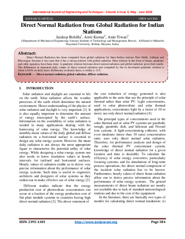 (PDF) Direct Normal Radiation from Global Radiation for Indian Stations