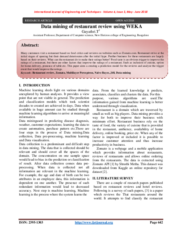 (PDF) Data mining of restaurant review using WEKA (PDF) Data mining of restaurant review using WEKA