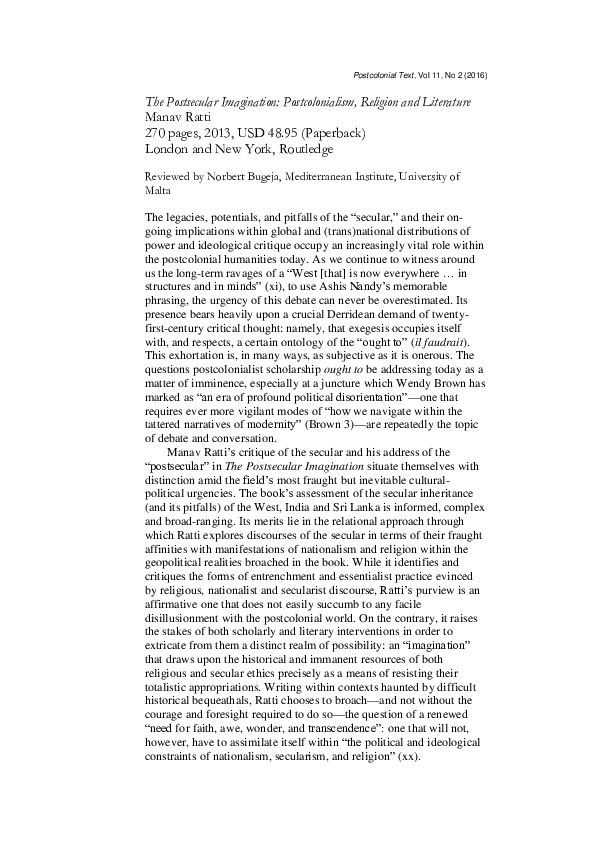 (PDF) 'The Postsecular Imagination: Postcolonialism, Religion and ...