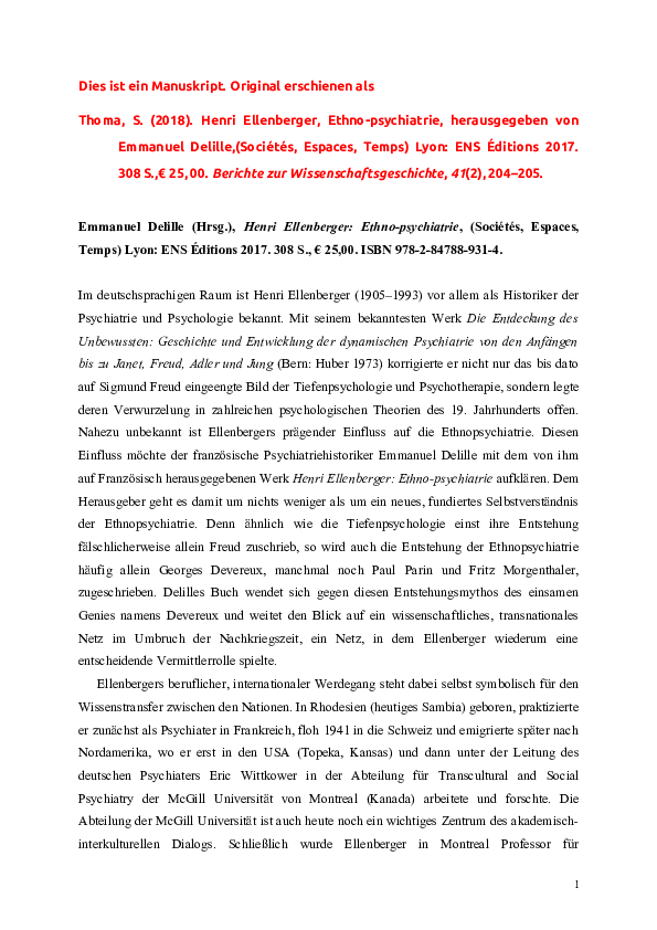 (PDF) Rezension "Henri Ellenberger, Ethno-psychiatrie", herausgegeben ...