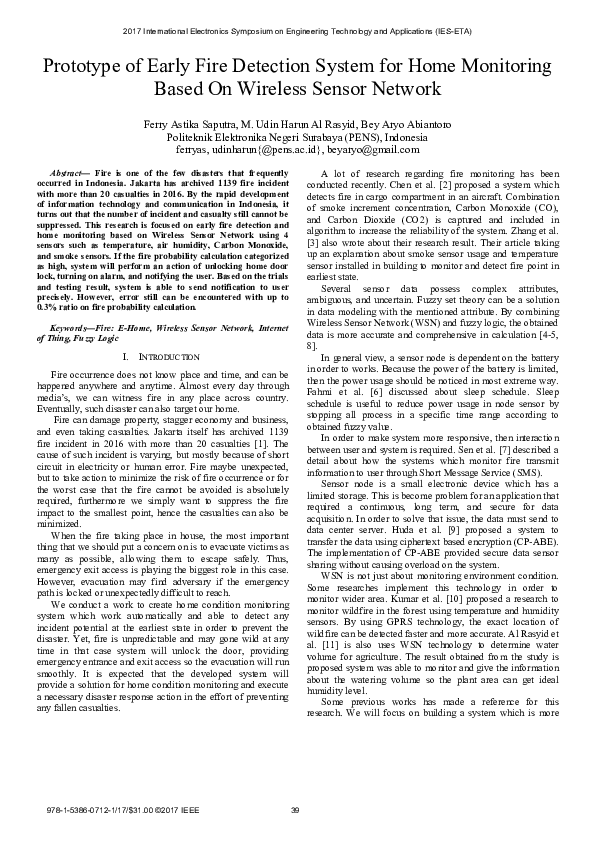 Pdf Prototype Of Early Fire Detection System For Home Monitoring Based On Wireless Sensor Network