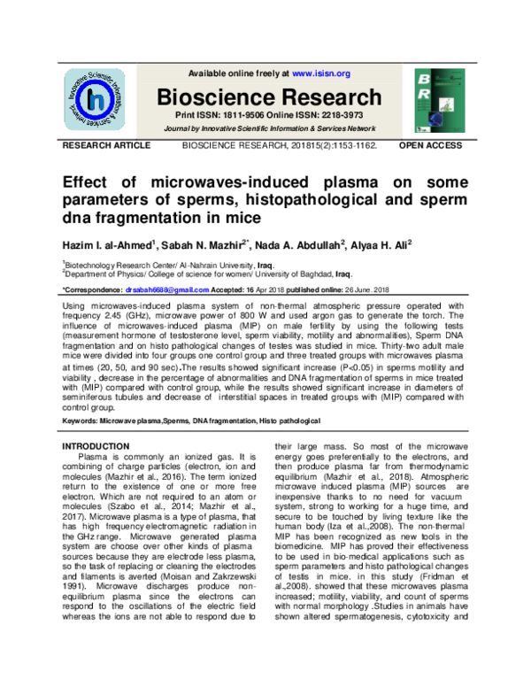 (PDF) Effect of microwaves-induced plasma on some parameters of sperms, histopathological and ...
