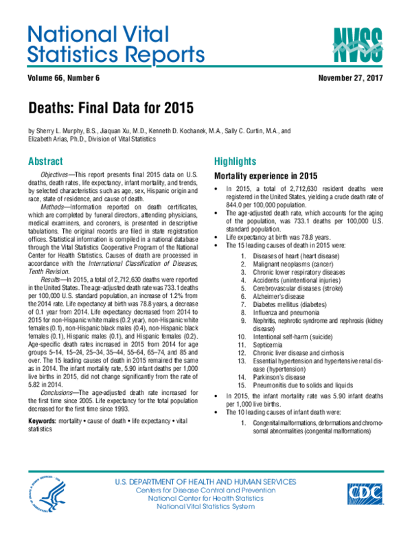 (PDF) National Vital Statistics Reports Deaths: Final Data for 2015 ...