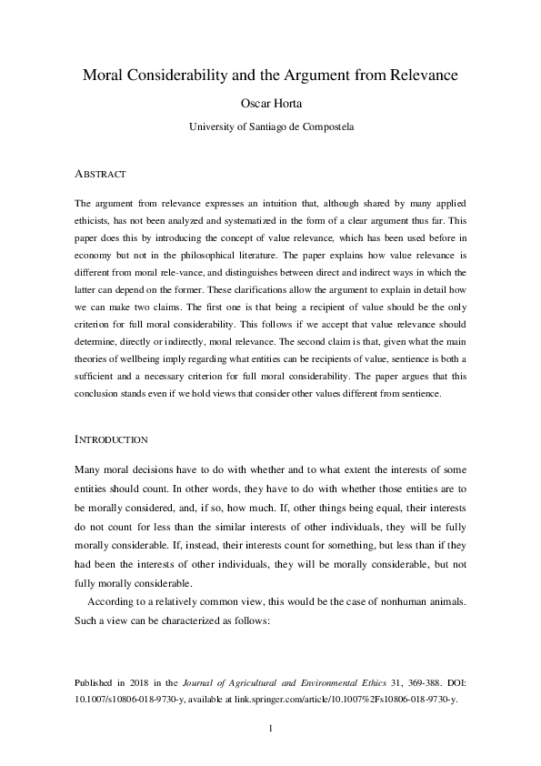(PDF) Moral Considerability and the Argument from Relevance