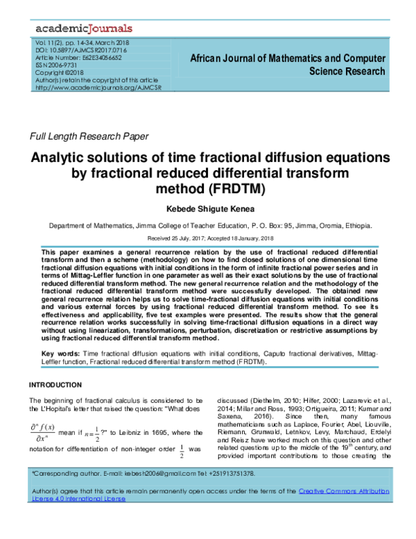 (PDF) Analytic solutions of time fractional diffusion equations by ...