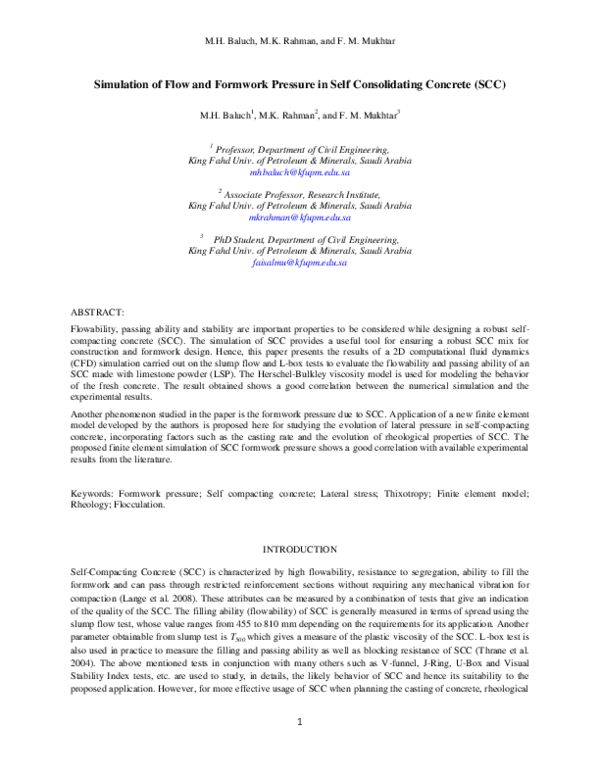 Pdf Simulation Of Flow And Formwork Pressure In Self Consolidating Concrete Scc