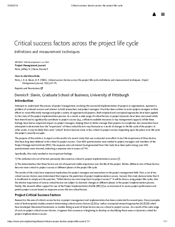 (PDF) , Critical success factors across the project life cycle