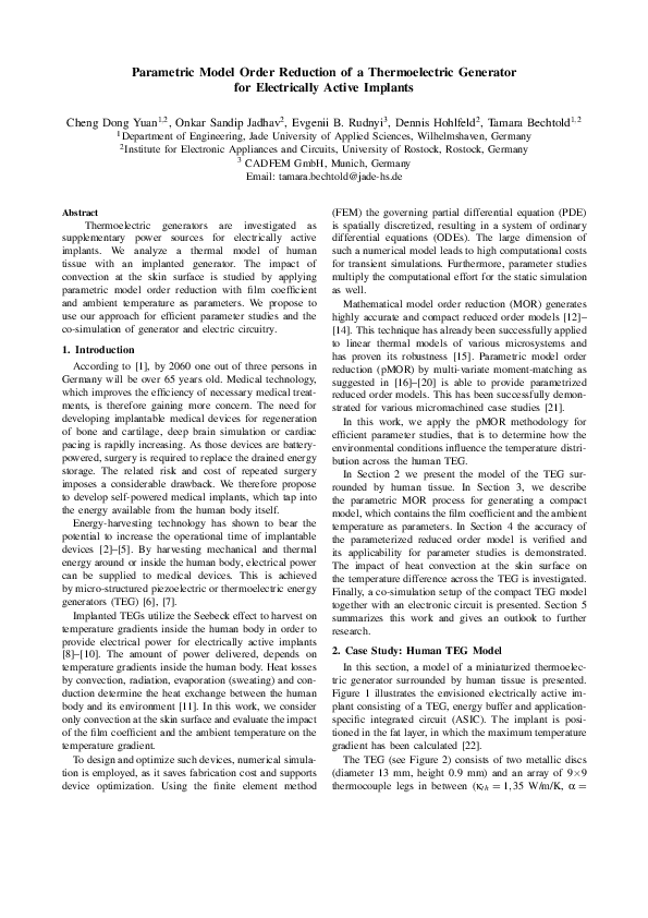 Pdf Parametric Model Order Reduction Of A Thermoelectric Generator For Electrically Active