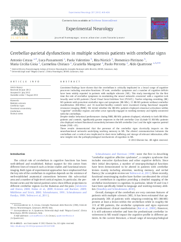 (PDF) Cerebellar-parietal dysfunctions in multiple sclerosis patients with cerebellar signs