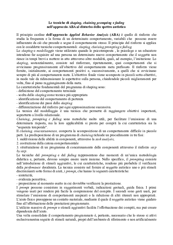 (DOC) Le tecniche di shaping chaining prompting e fading nellapproccio ...