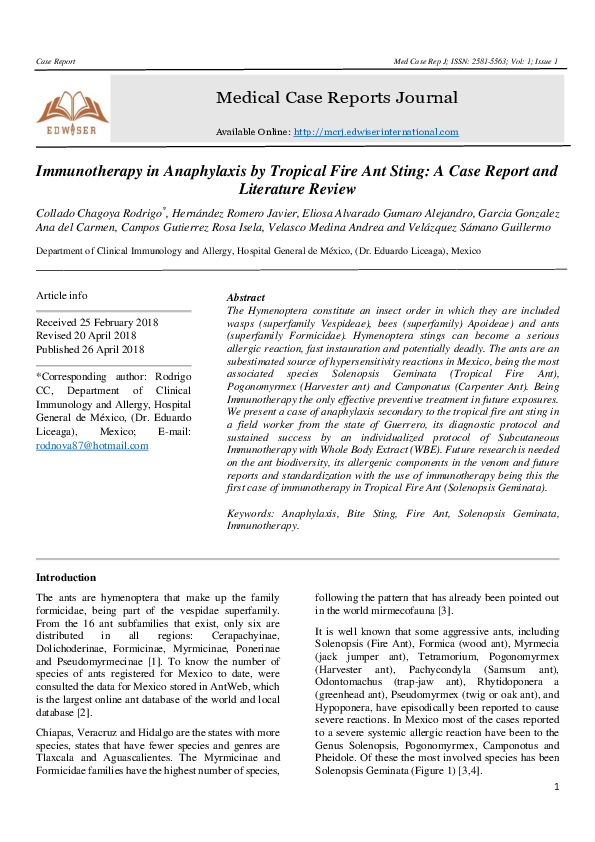 (PDF) Immunotherapy in Anaphylaxis by Tropical Fire Ant Sting: A Case ...