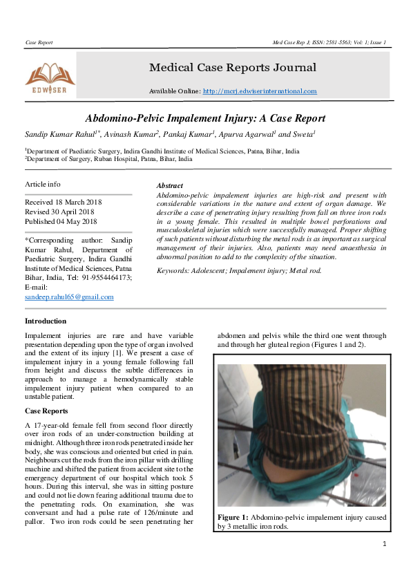 (PDF) Abdomino-Pelvic Impalement Injury: A Case Report