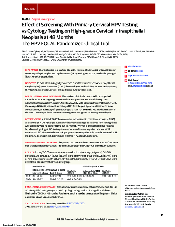 (PDF) Effect of Screening With Primary Cervical HPV Testing vs Cytology ...