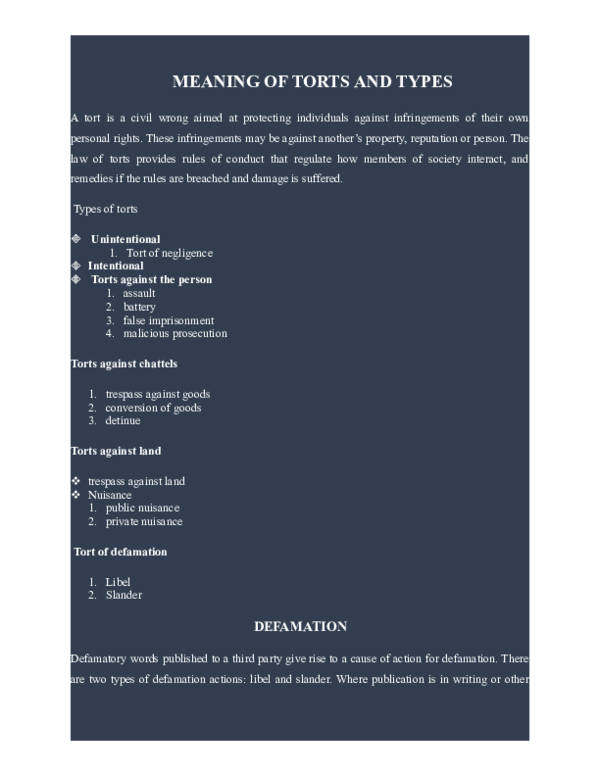 (DOC) MEANING OF TORTS AND TYPES