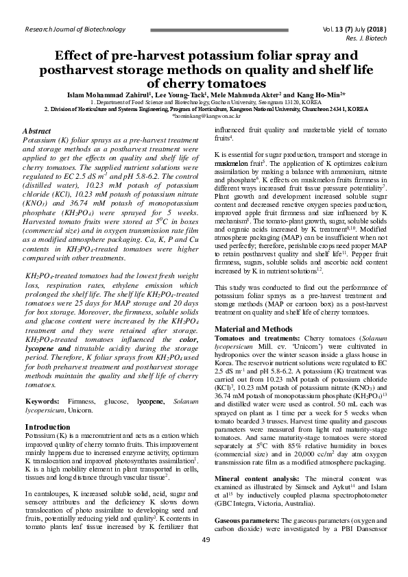 (PDF) Effect of pre-harvest potassium foliar spray and postharvest storage methods on quality ...