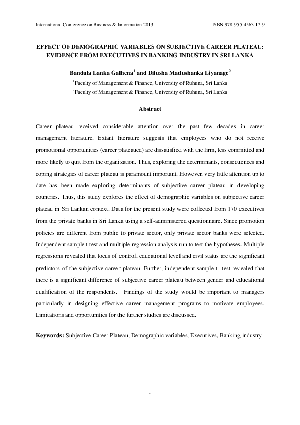 (PDF) EFFECT OF DEMOGRAPHIC VARIABLES ON SUBJECTIVE CAREER PLATEAU: EVIDENCE FROM EXECUTIVES IN ...