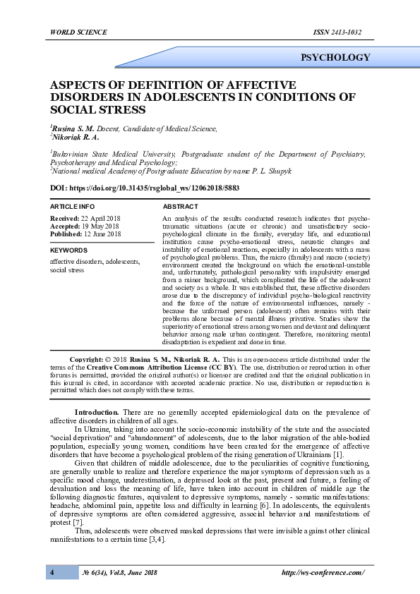 (PDF) ASPECTS OF DEFINITION OF AFFECTIVE DISORDERS IN ADOLESCENTS IN ...