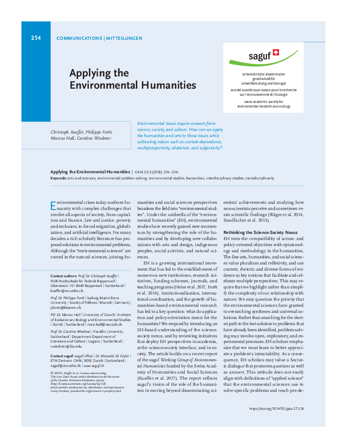 (PDF) Applying the Environmental Humanities. Journal article (proofs)
