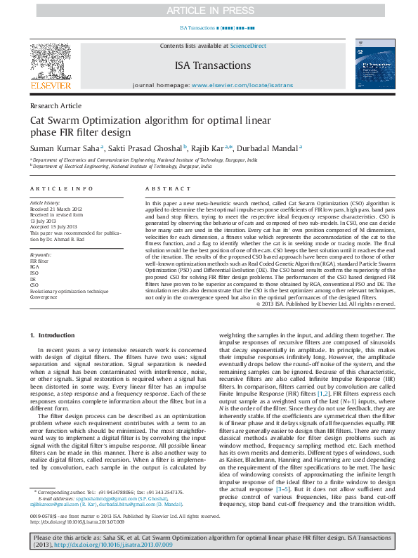 Pdf Efficient And Accurate Optimal Linear Phase Fir Filter Design Using Opposition Based 2779