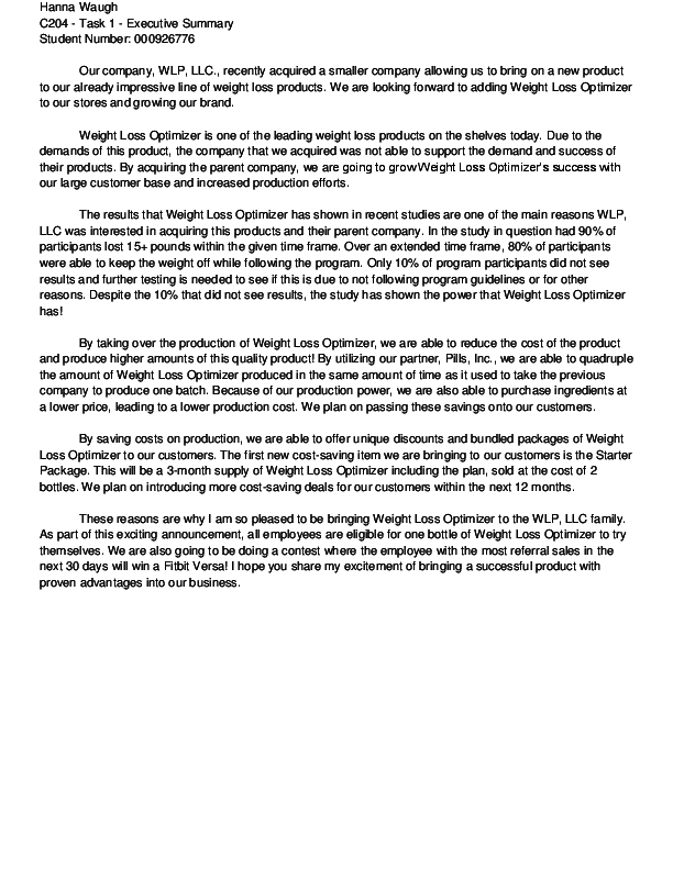 (DOC) C204 task one Executive Summary Hanna Waugh