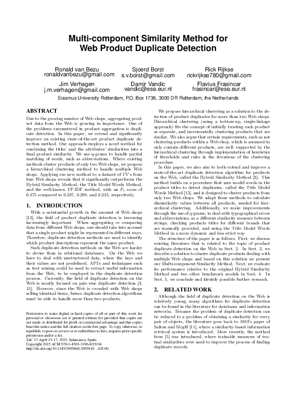 Pdf Multi Component Similarity Method For Web Product Duplicate