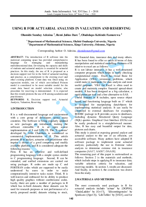 Pdf Using R For Actuarial Analysis In Valuation And Reserving