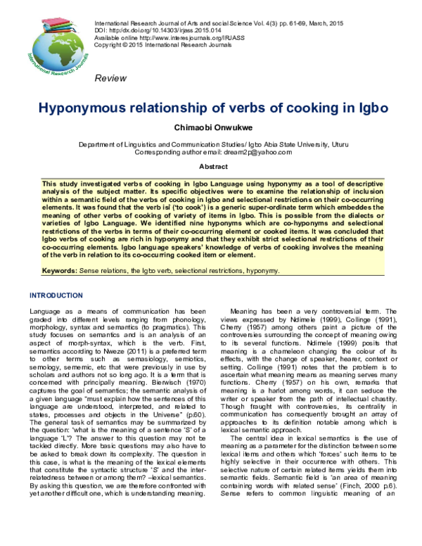 (PDF) Hyponymous relationship of verbs of cooking in Igbo